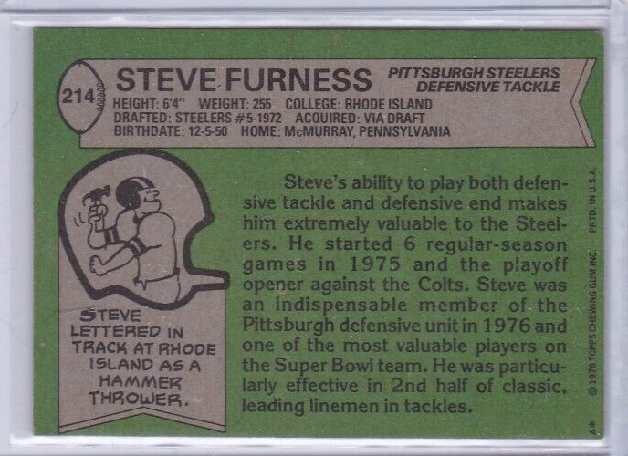 1978 Topps Football Card #214 STEVE FURNESS PITTSBURGH STEELERS | eBay