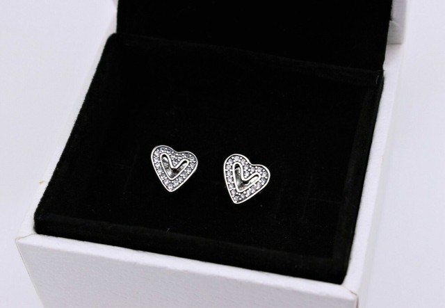 Genuine Pandora Sterling Silver Sparkling Freehand Heart Earring ...