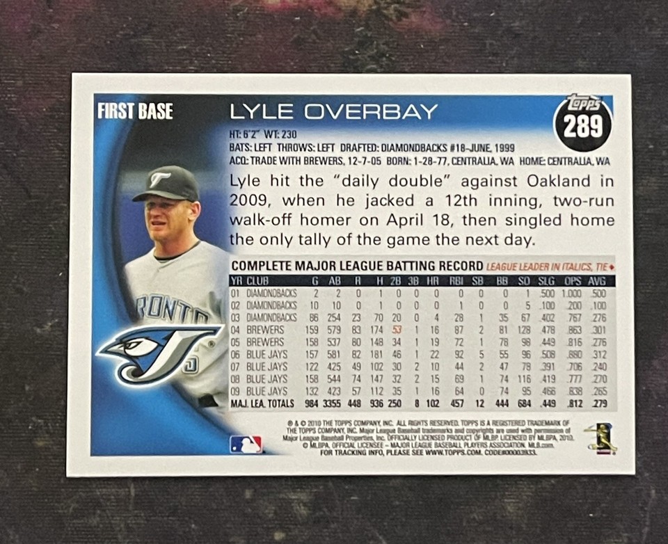 TOPPS 2010 MLB LYLE OVERBAY #289 1B TORONTO BLUE JAYS BASEBALL CARD | eBay