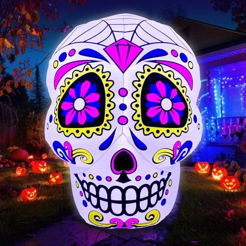 4.5 Ft Halloween Inflatable Sugar Skull Decoration LED Light Up Day of ...
