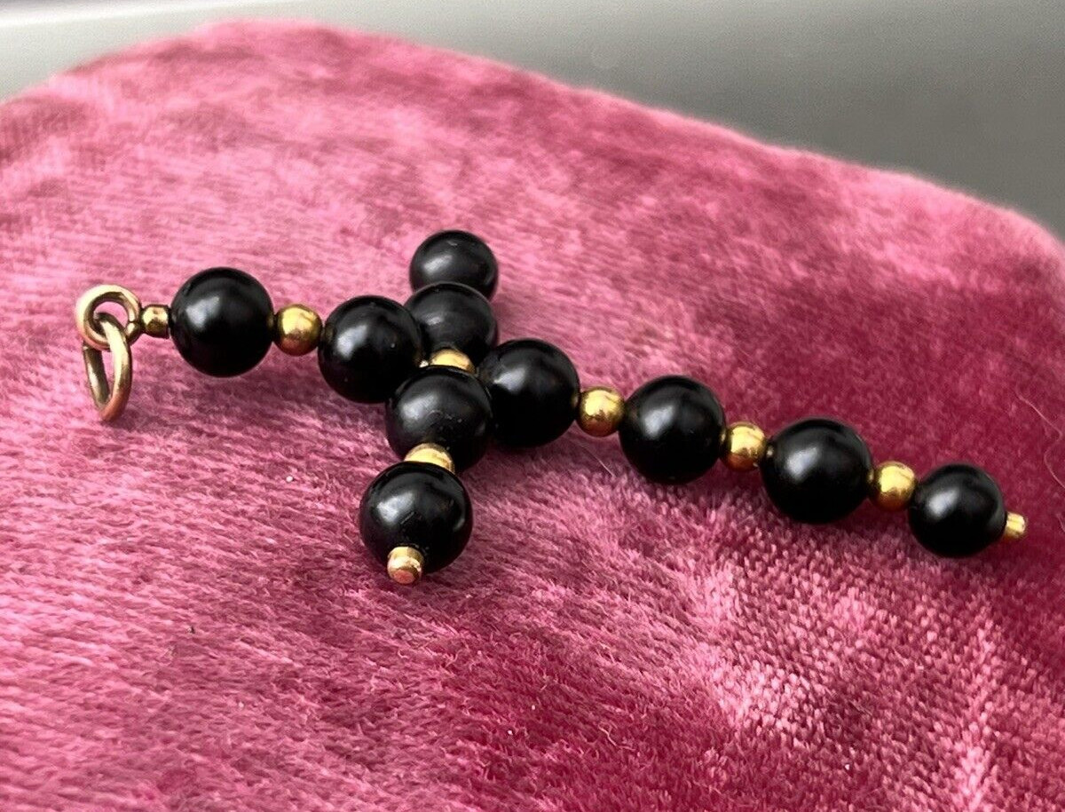 Vtg Victorian Jet & Gold Filled Bead Cross Pendant, M… - Gem