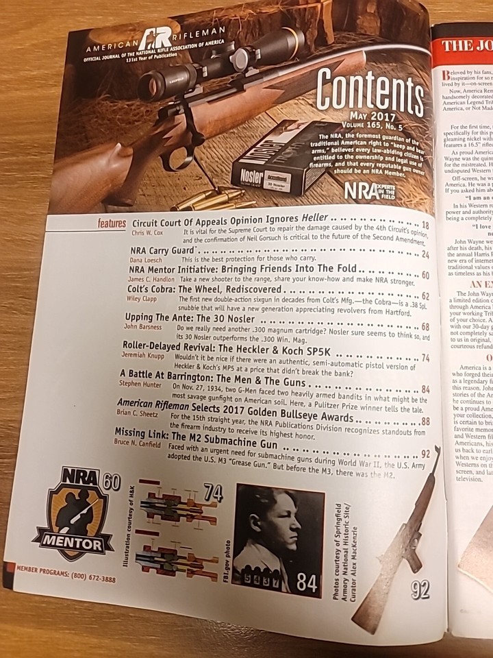 American Rifleman Magazine May 2017 The M2 Submachine Gun, Colt Cobra ...