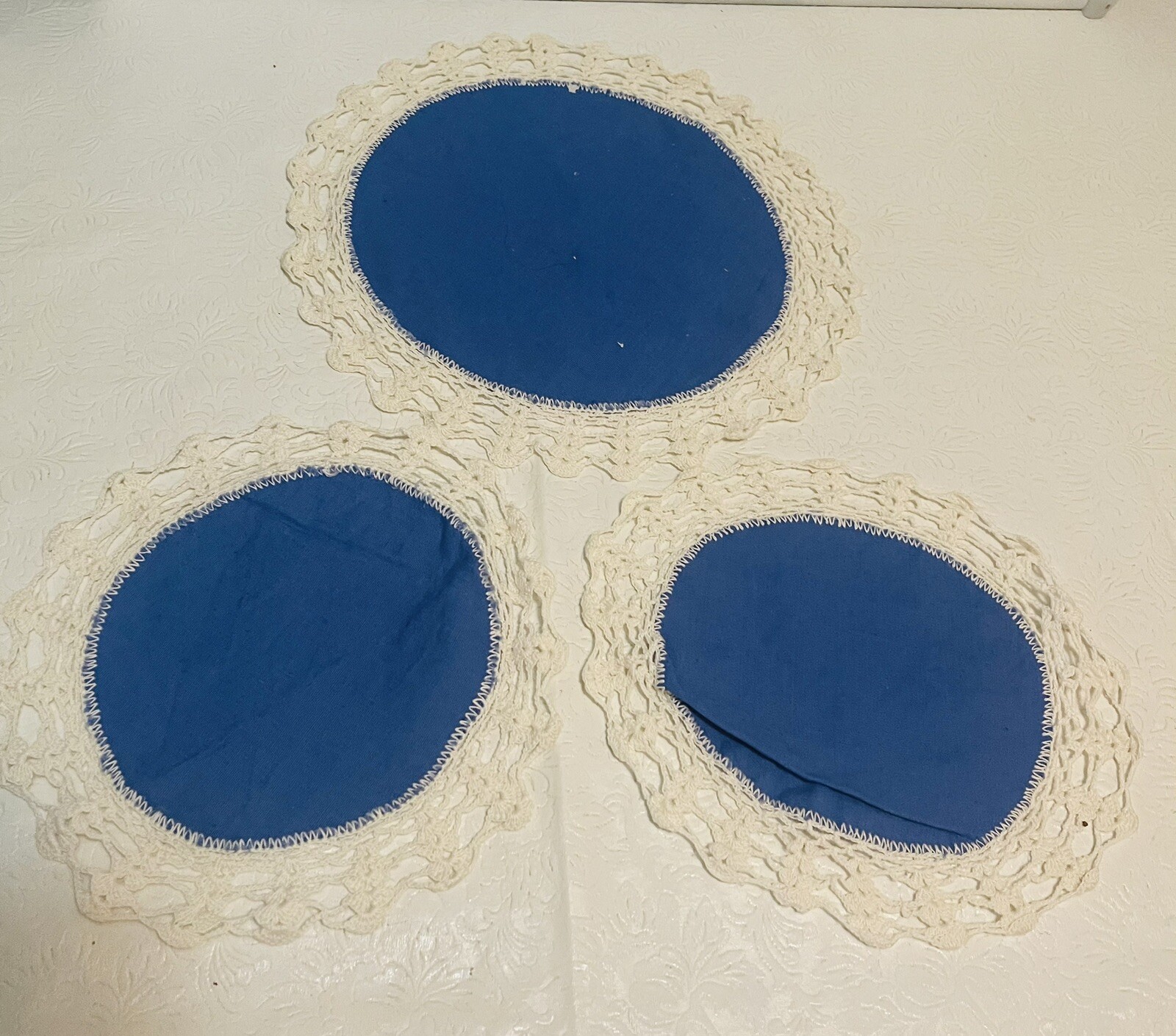 Vintage fabric Doilies w/ hand crochet edges Set of 3 blue & white | eBay