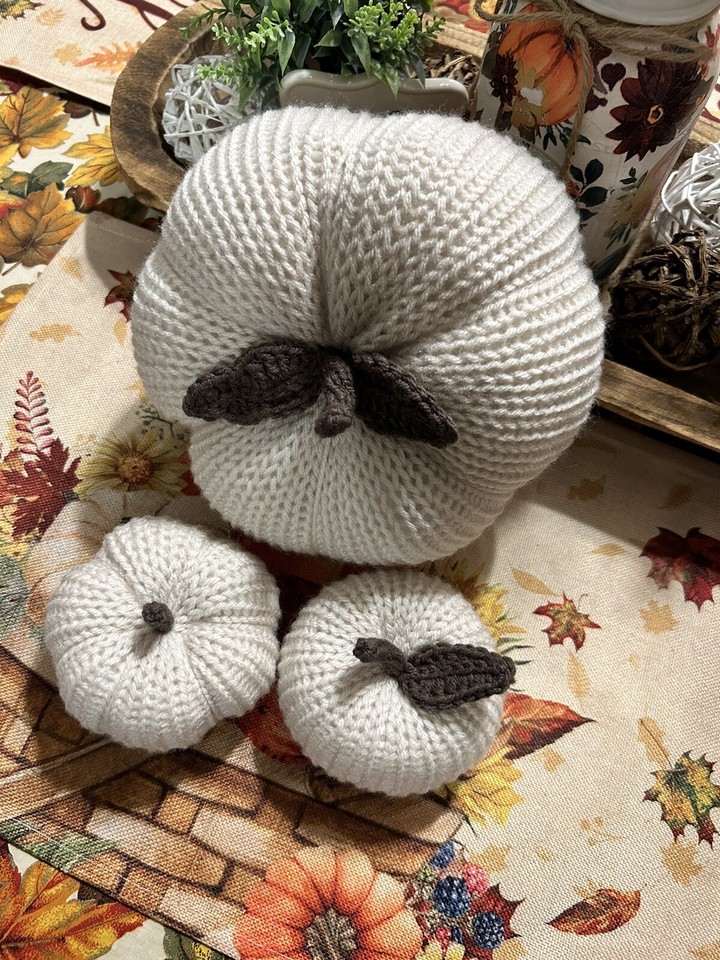 Knit Pumpkins Set Of 3 Fall Decorations HANDMADE Pumpkins USA MADE | eBay