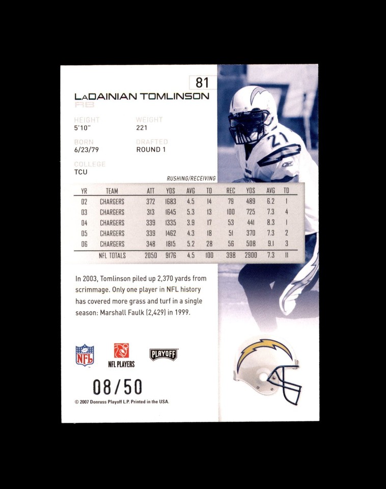 2007 Playoff NFL Playoffs Silver Proof #81 LaDainian Tomlinson #08/50 ...
