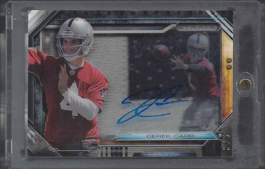 DEREK CARR 2014 TOPPS STRATA RIVET SHADOWBOX JUMBO PATCH ON CARD AUTO ...
