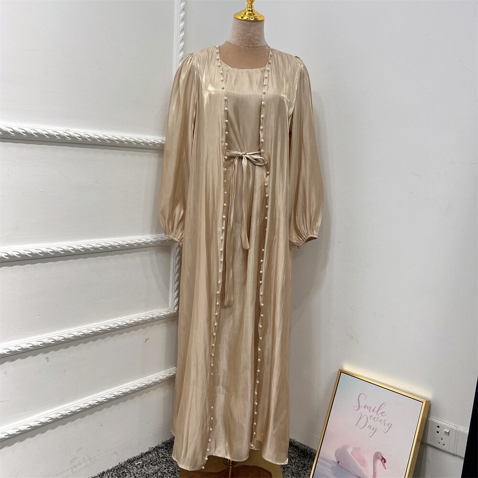 Open Cardigan Women Muslim Satin Abaya Dress Two Piece Set Modest Robe ...