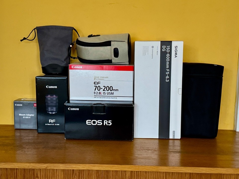 Canon R5, Canon RF 24-70mm f2.8 & EF 70-200mm f2.8, Sigma Contemporary ...