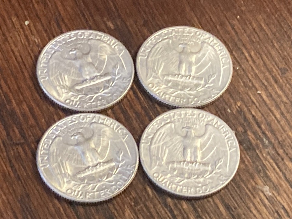 1964 -FOUR (4) WASHINGTON .90 SILVER QUARTERS 25c GLOSSY US COINS NO R ...
