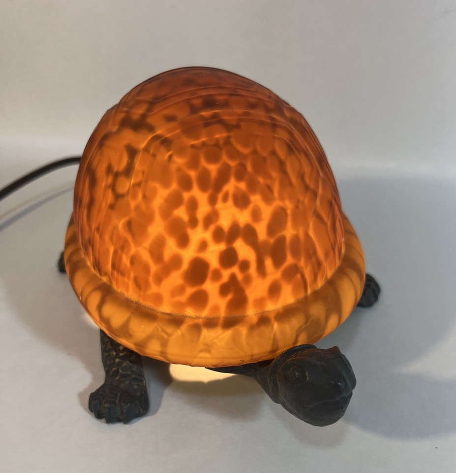 Frosted Amber Glass Turtle Lamp Bronze Finish Metal Tortoise Nightlight ...