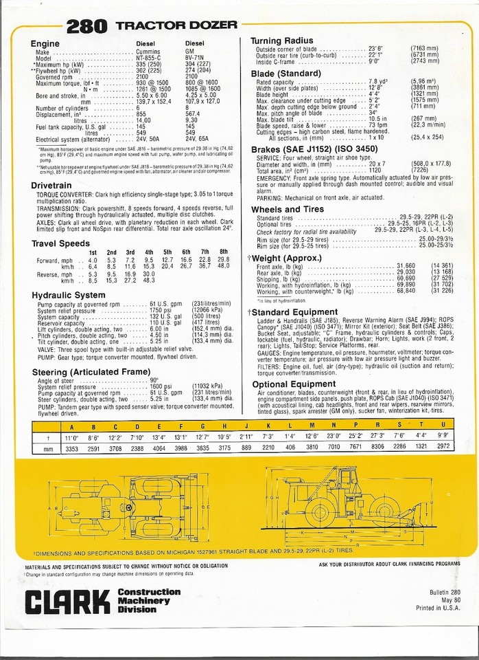 Original Clark Michigan 280 Tractor Dozer Sales Brochure Bulletin #280 ...