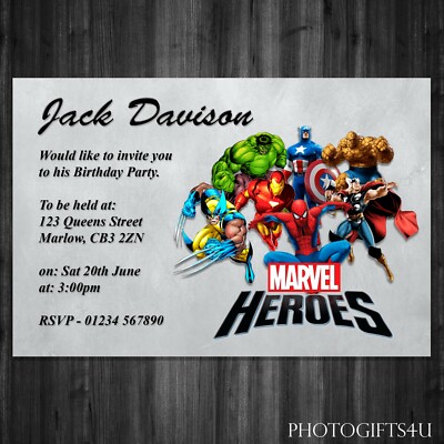 Personalised MARVEL HEROES Party Invitation Cards With Free Envelopes ...