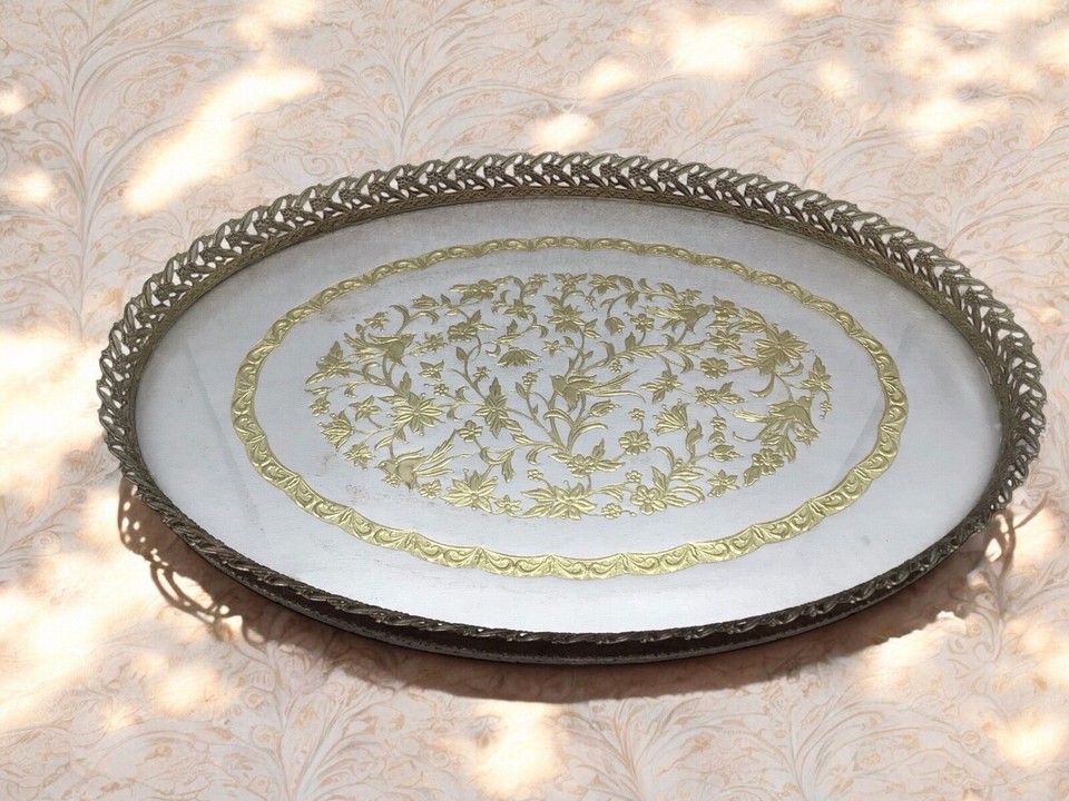 Large Vintage Oval Metal and Glass Vanity Tray, Ornate Floral Filigree ...