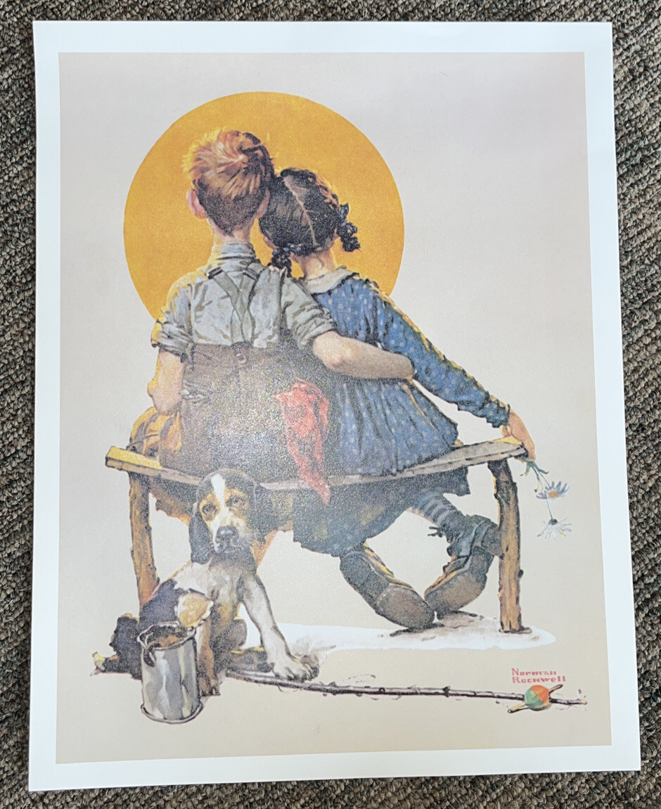 Norman Rockwell Print 14x11 "THE LITTLE SPOONERS" Boy Girl Puppy Love ...