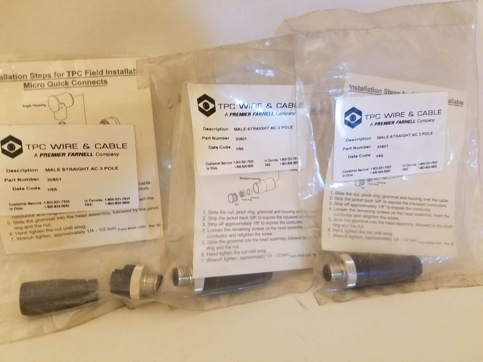 Lot of 3 TPC Wire & Cable 30801 Male Straight AC 3 Pole Connector Plug ...