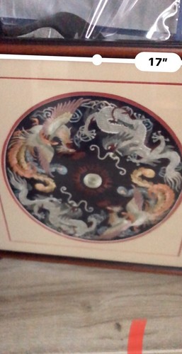 Chinese Silk Textile Badge Roundel 5 Claw Dragon Phoenix Framed Long ...