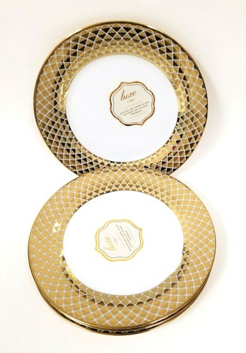 LUXE SET OF 4 PORCELAIN METALLIC GOLD DIAMOND PATTERN DINNER,SALAD ...