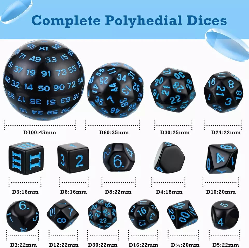 15 Pieces Complete Polyhedral Dice Set D3-D100 Spherical RPG Dice Set ...