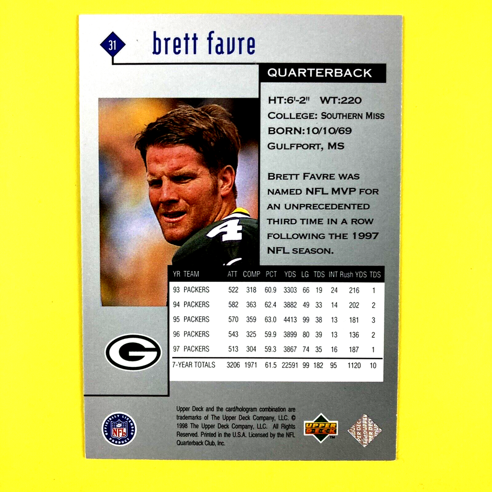 Brett Favre 1998 Upper Deck Black Diamond Card #31 NFL Green Bay ...