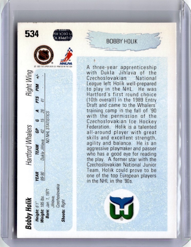 1990-91 Upper Deck Hockey Card Bobby Holik Rookie Hartford Whalers #534 ...