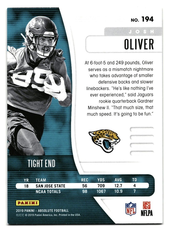 2019 Panini Absolute Football Josh Oliver Rookie Jacksonville Jaguars ...