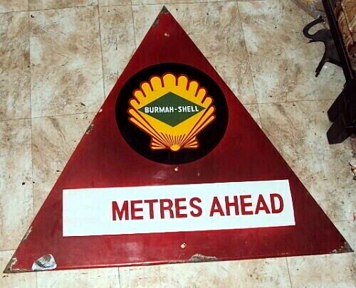 VINTAGE PORCELAIN ENAMEL SIGN BURMAH SHELL METRES AHEAD PETROL STATION ...