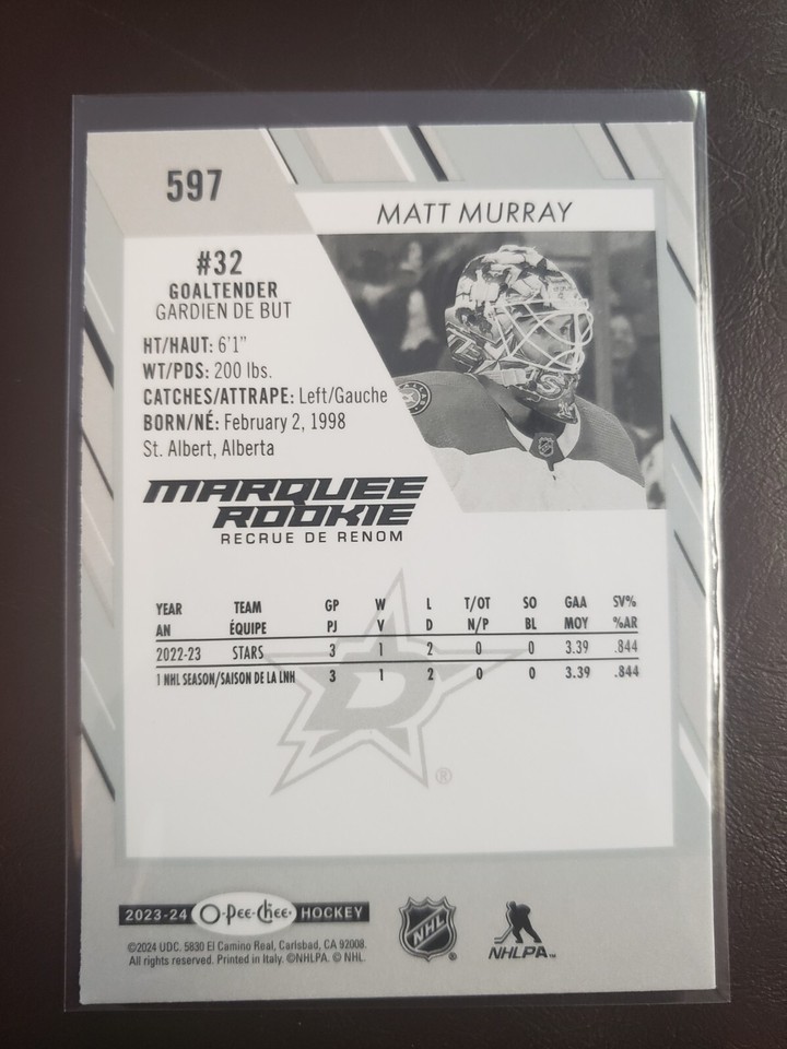 2023-24 OPC Matt Murray Marquee Rookie Card # 597 Dallas Stars | eBay