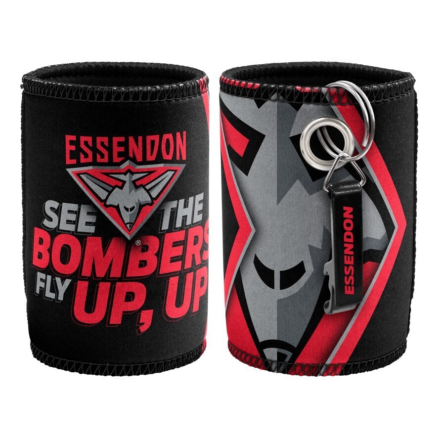 AFL ESSENDON BOMBERS TEAM LOGO CAN COOLER & BOTTLE OPENER KEYRING ...