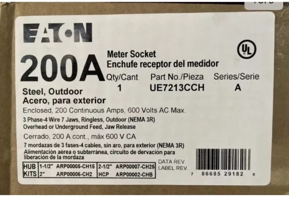 Eaton 200 AMP, 3-Phase 7-Jaw Ringless Bypass Meter Socket Can UE7213CCH ...