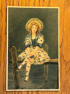 Art Nouveau Girl Sitting On Dock In Blue Dress, Tuck Series 2182, ca ...