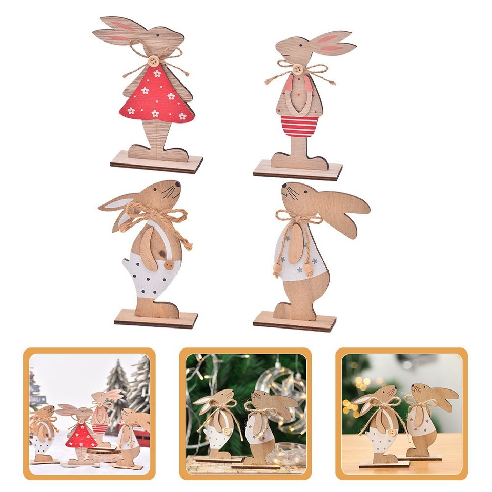 4pcs Adorable Rabbit Decoration Cartoon Wooden Bunny Ornament Rabbit ...
