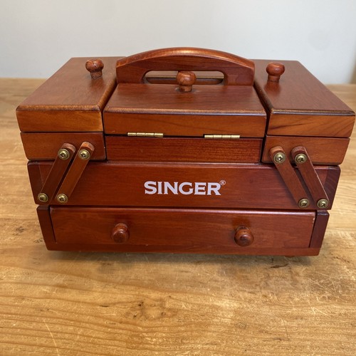 VTG SINGER Wood Accordion Expandable Sewing Organizer Chest Box Travel ...