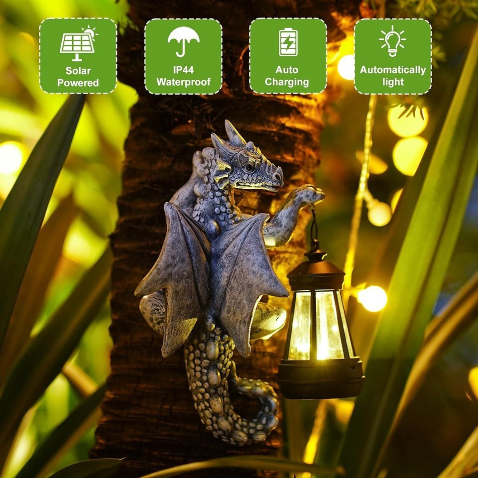 Solar Garden Statue Dragon w/ Lantern LED Lights Outdoor Decor Yard ...
