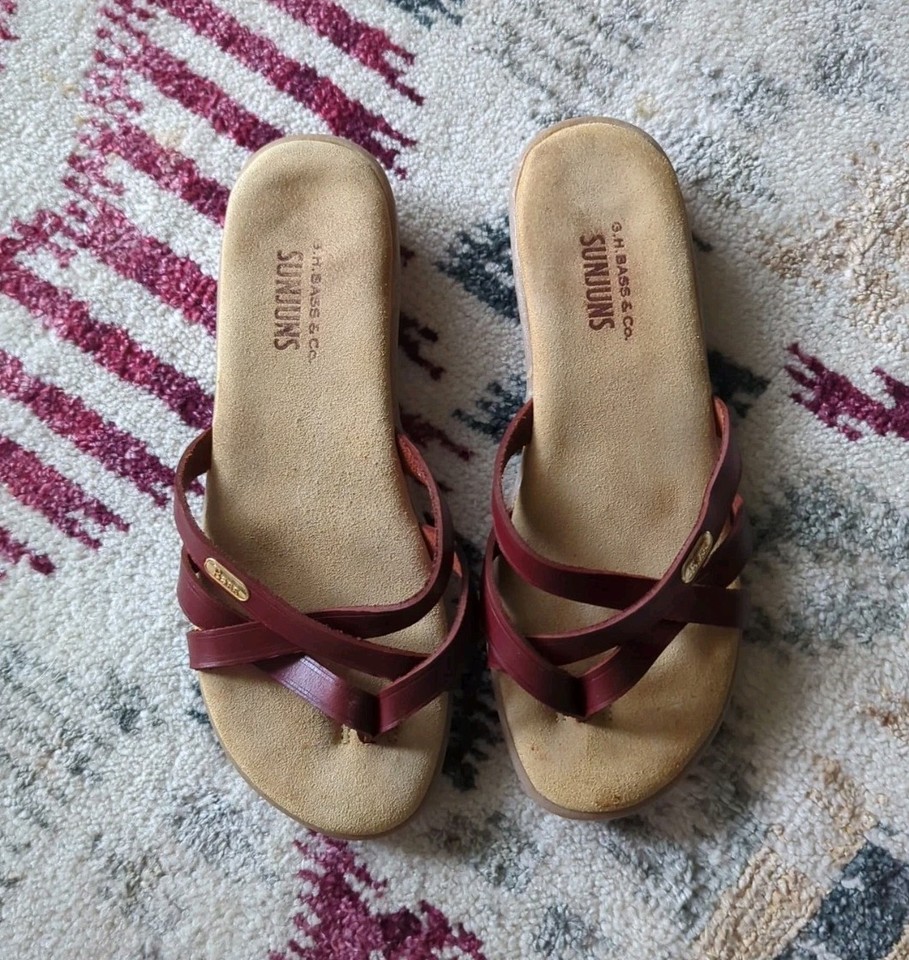 GH Bass SUNJUNS Sz 6.5M Burgundy Leather Sharon STRAPPY Flat SANDALS FLIPFLOPS | eBay