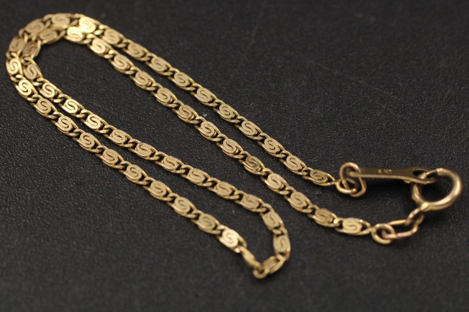 .375 9CT YELLOW GOLD 2MM Wide 7" Snail Link Fine Chain Bracelet, 1.16g ...