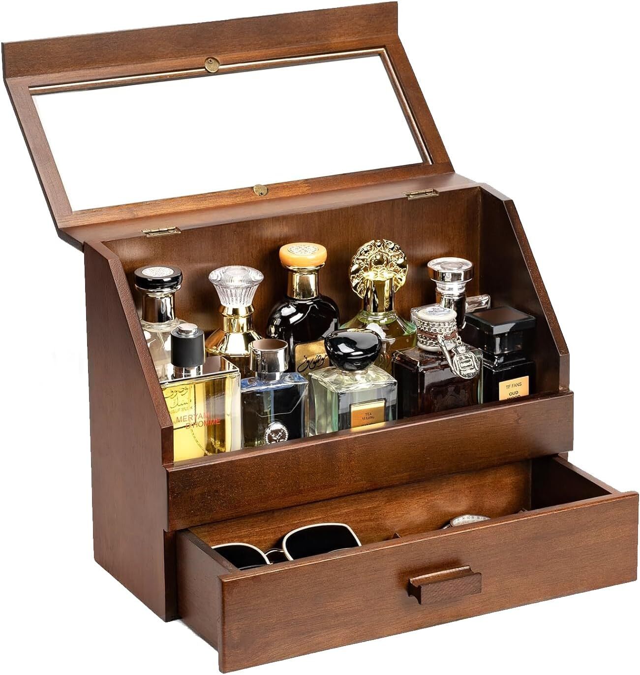 Cologne Organizer for Men, Wood Perfume Storage with Drawer walnut | eBay
