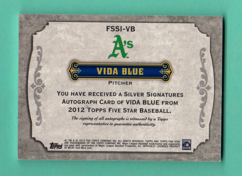 VIDA BLUE 2012 TOPPS FIVE STAR ON CARD SILVER AUTOGRAPH AUTO # / 99 ...