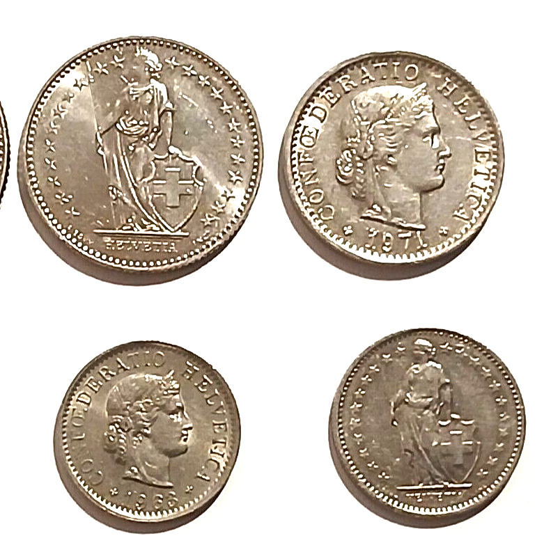 Switzerland Helvetia Coin Lot Of 6 1963-1994 20 10 5 Rappen 2Fr 1Fr 1/2 ...