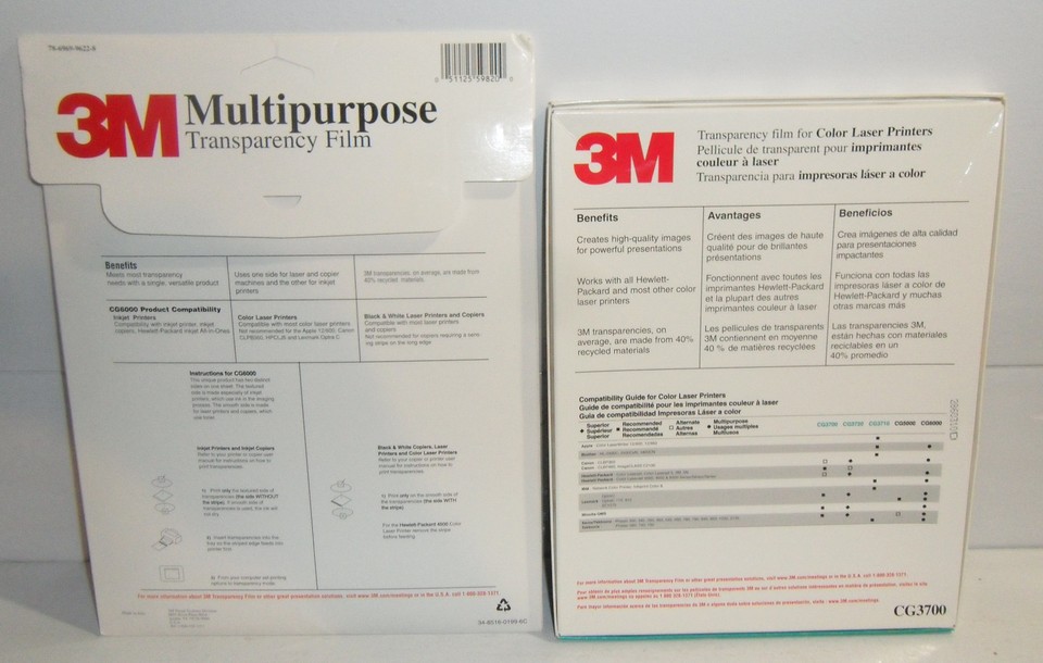 3M Transparency Film Color Laser Printers 2 Open Box 64 Sheets 8.5 x 11 ...