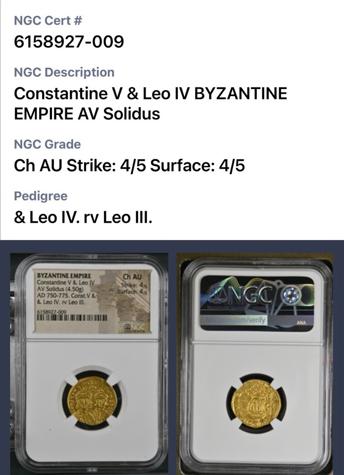 750-775 AD Constantine V & Leo IV AV Solidus Gold Coin (4.50g) - NGC Ch ...