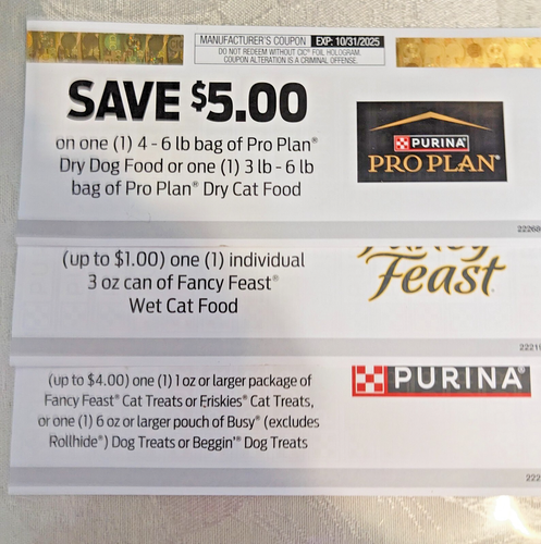 3 Coupons Pro Plan, Fancy Feast dog/cat food/treats Exp 10/31/25 up to ...