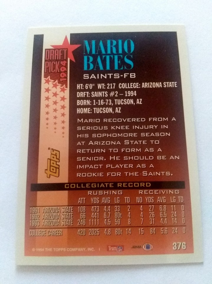 1994 Topps Football Mario Bates Rookie Card #376 Set Break NM-MT | eBay
