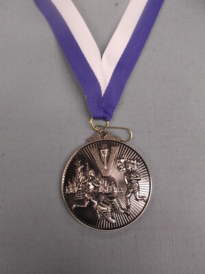 silver cross country track medal 2 " dia track blue/white neck ribbon ...