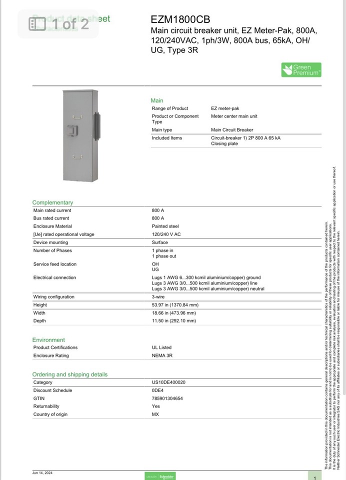 NEW SQUARE D EZM1800CB 800 AMP SINGLE PHASE EZM METER MAIN WITH MAIN ...
