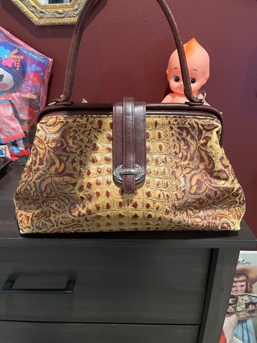 VINTAGE RAVIANI Carpet Bag Purse TOOLED CROC LEATHER SATCHEL | eBay