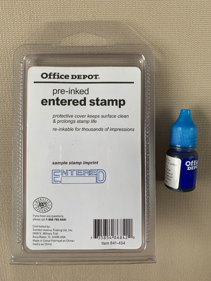 Office Depot® Brand Pre-Inked Message Stamp, "Entered", Blue with Ink ...