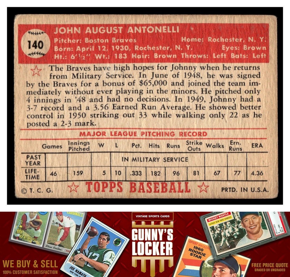 1952 Topps John Antonelli 140 Boston Braves | eBay