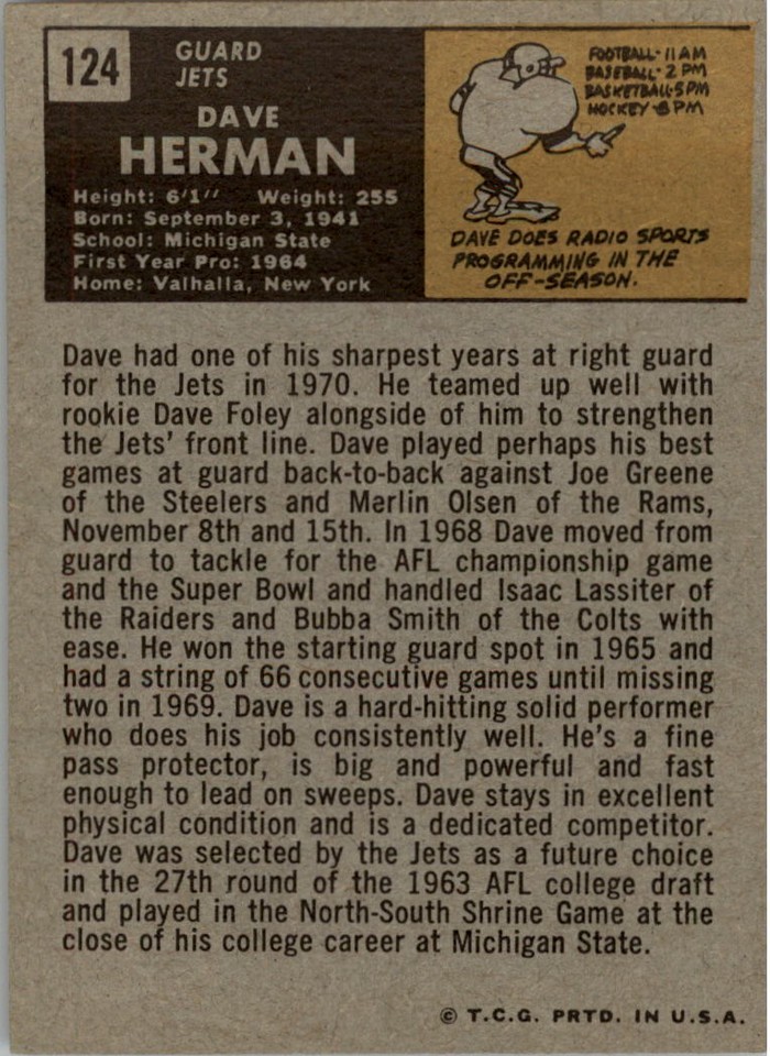 1971 Topps #124 Dave Herman - EX | eBay