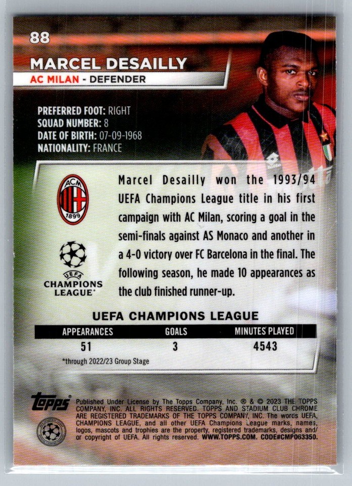 2023 Topps UEFA Stadium Club Chrome #88 Marcell Desailly AC Milan Card ...