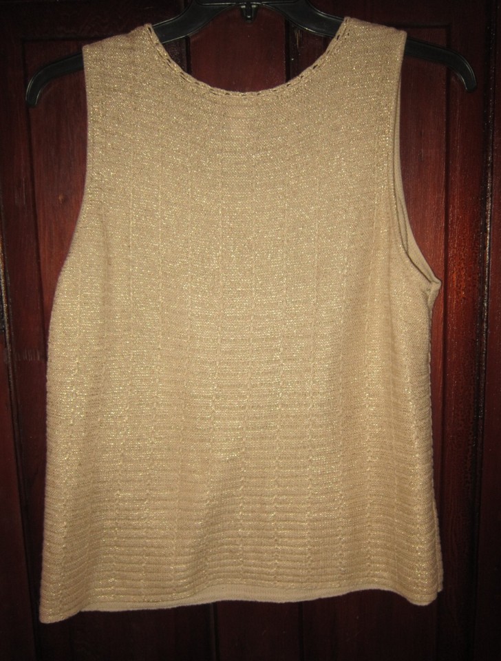 Chico's Size 2 L Knit Top Sweater Tank Sleeveless Textured Beige Gold ...